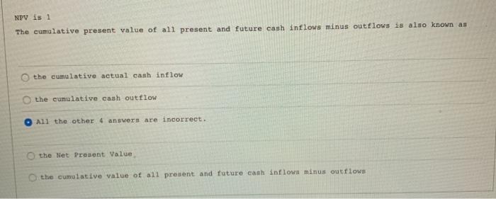 Solved NPV is 1 The cumulative present value of all present | Chegg.com