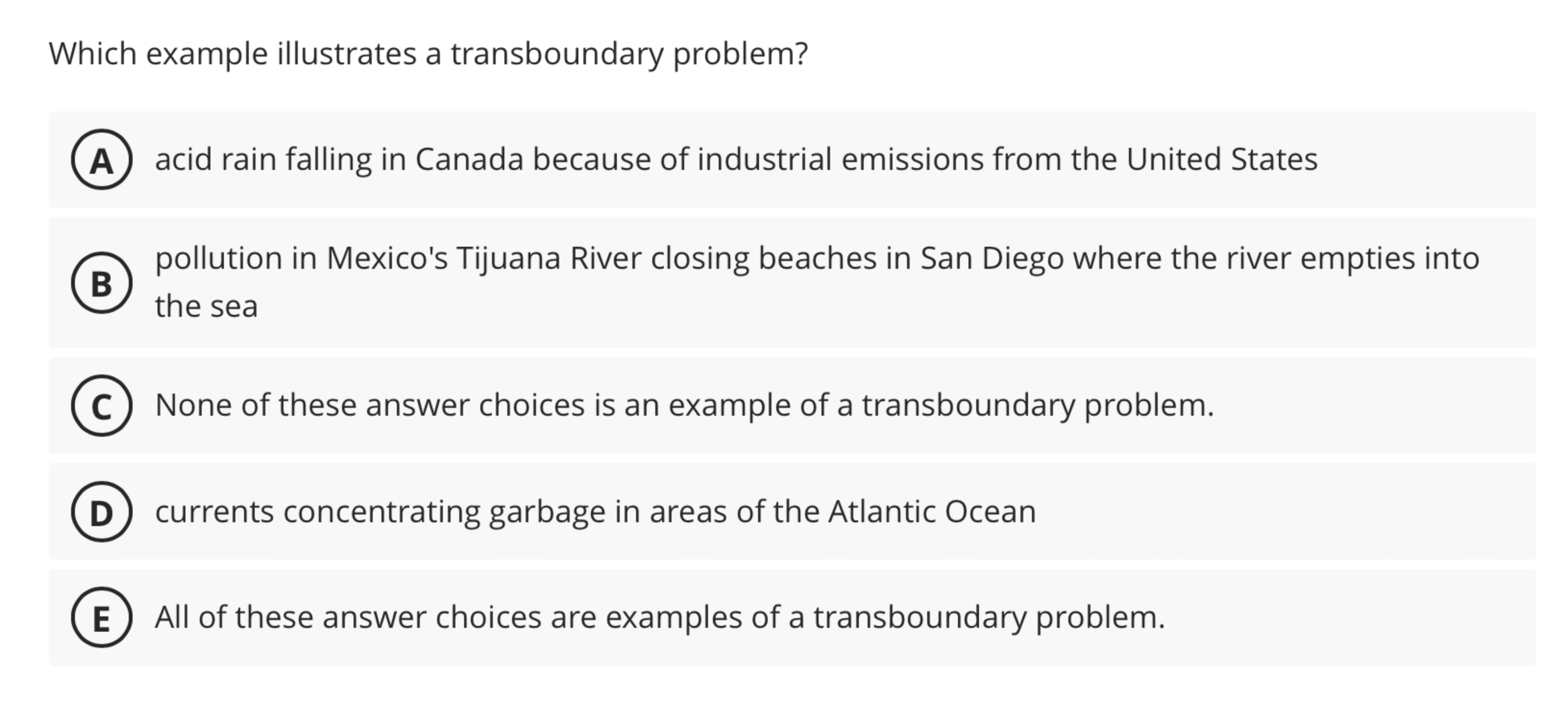 Solved Which example illustrates a transboundary problem? | Chegg.com
