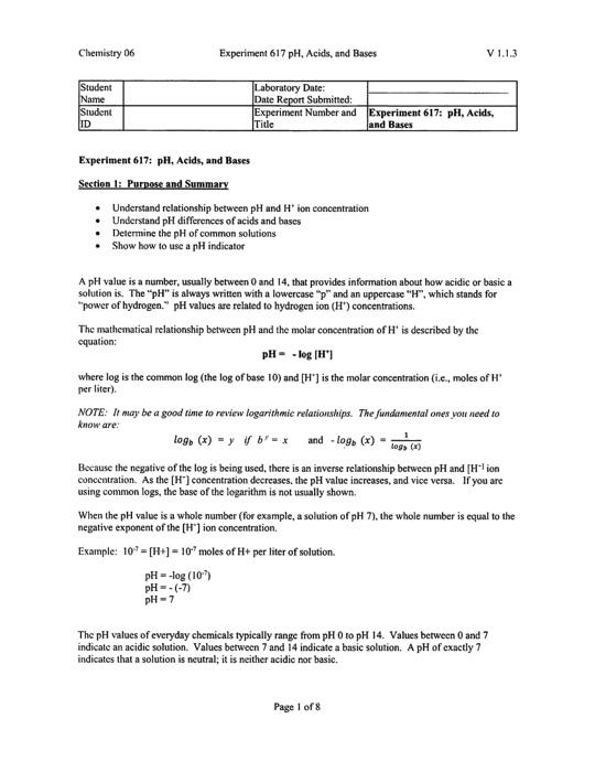 Experiment 617: pH, Acids, and Bases Section 1: | Chegg.com