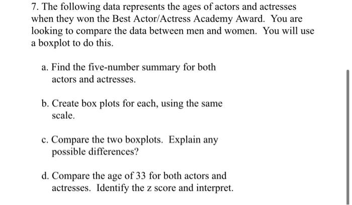 Solved 7. The following data represents the ages of actors | Chegg.com