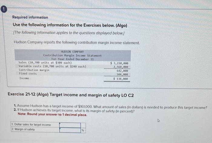 Solved Exercise 21-12 (Algo) Target income and margin of | Chegg.com