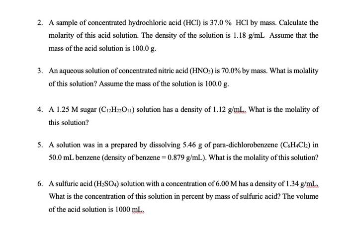 Solved 2. A sample of concentrated hydrochloric acid (HCI) | Chegg.com