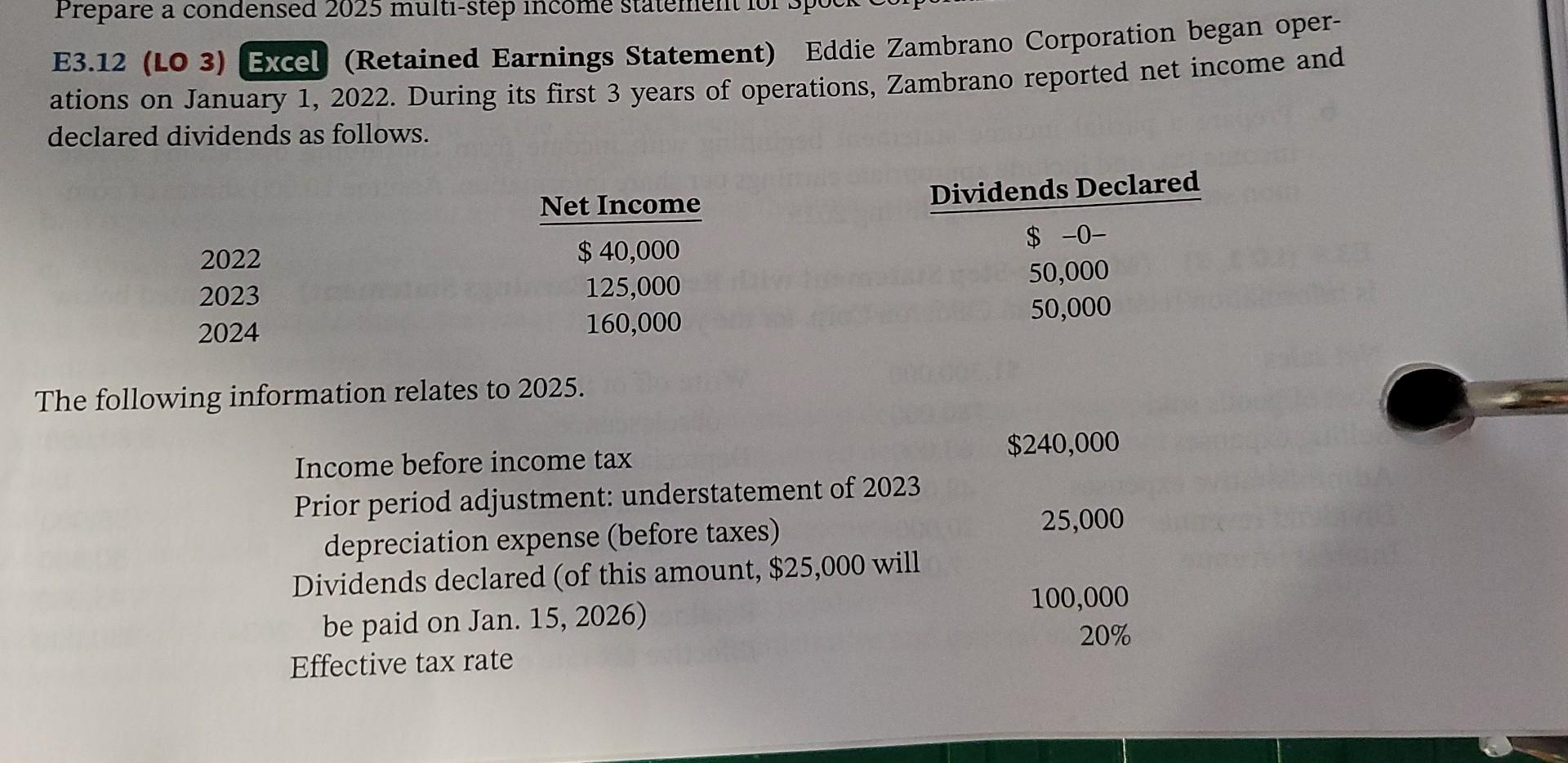 Solved E3.12 (LO 3) Excel (Retained Earnings Statement) | Chegg.com