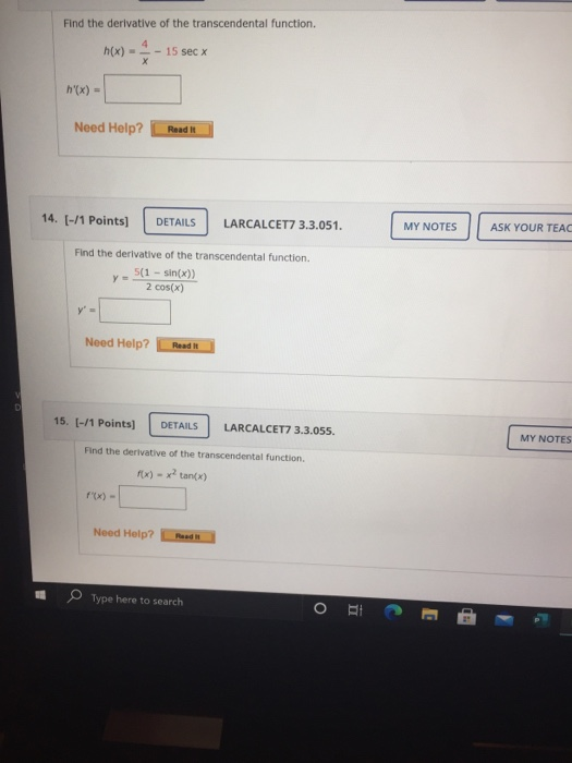 Solved Find the derivative of the transcendental function. | Chegg.com
