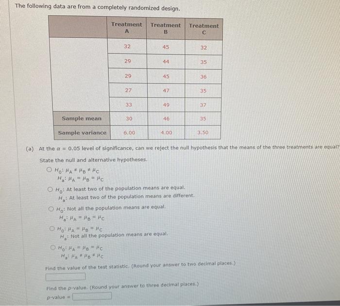 Solved The following data are from a completely randomized | Chegg.com