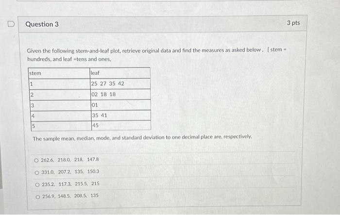 Solved D Question 3 Given the following stem-and-leaf plot, | Chegg.com