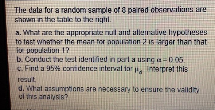 Solved The data for a random sample of 8 paired observations | Chegg.com