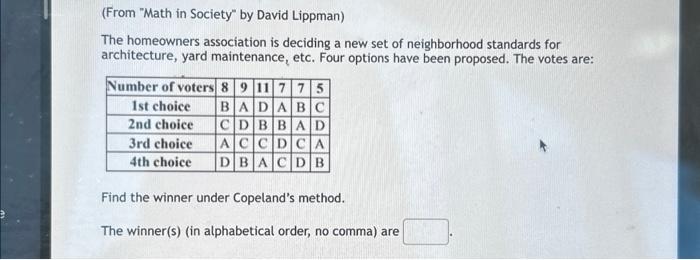 Solved (From "Math in Society" by David Lippman) The | Chegg.com