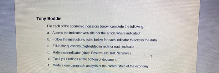 Tony Boddie For each of the economic indicators | Chegg.com