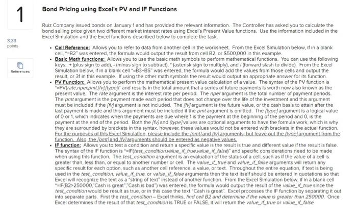 Solved Bond Pricing using Excel's PV and IF Functions 1 Ruiz | Chegg.com