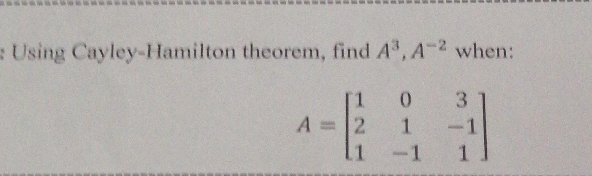 Solved Using Cayley-Hamilton theorem, find A3,A−2 when: | Chegg.com