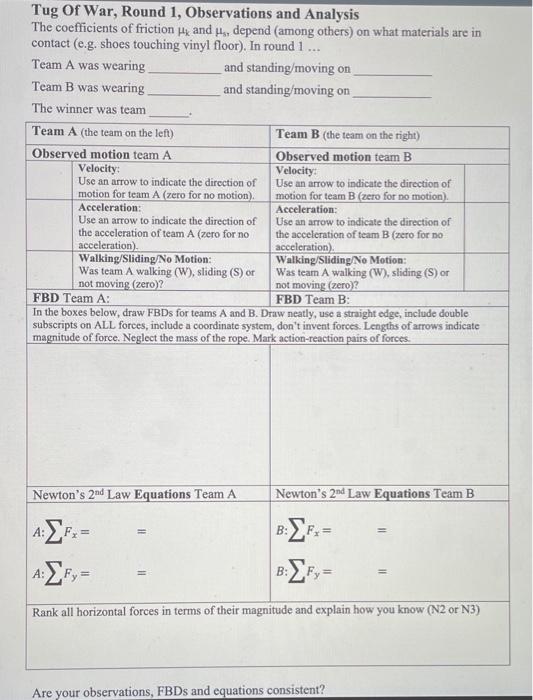 Solved Tug Of War, Round 1, Observations and Analysis The | Chegg.com