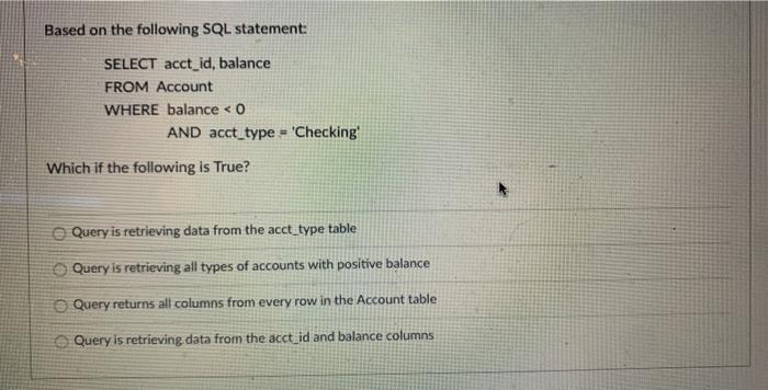 Solved Based on the following SQL statement: SELECT acct_id, | Chegg.com