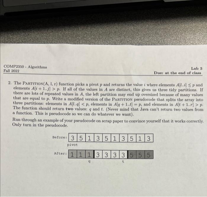Solved 2. The PARtition (A,1,r) function picks a pivot p and | Chegg.com