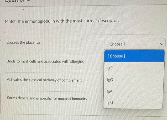 Solved Match the immunoglobulin with the most correct | Chegg.com