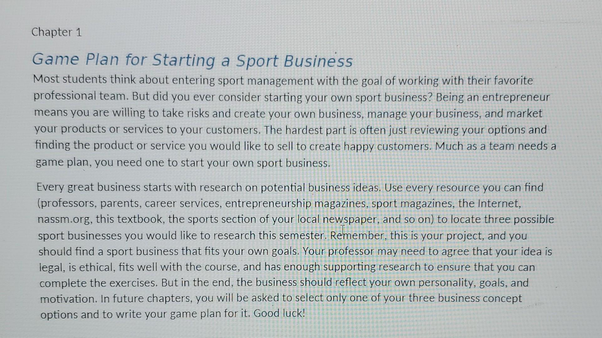 Solved Chapter 1 Game Plan for Starting a Sport Business | Chegg.com