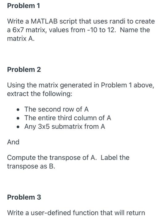 Solved Problem 1 Write a MATLAB script that uses randi to | Chegg.com