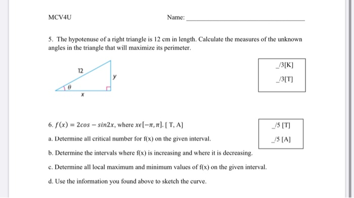 Solved MCV4U Name: 5. The hypotenuse of a right triangle is | Chegg.com