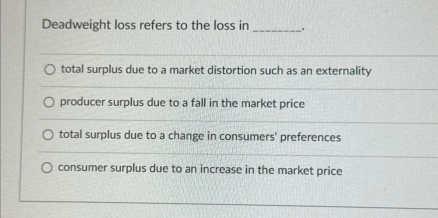 Solved Deadweight loss refers to the loss intotal surplus | Chegg.com