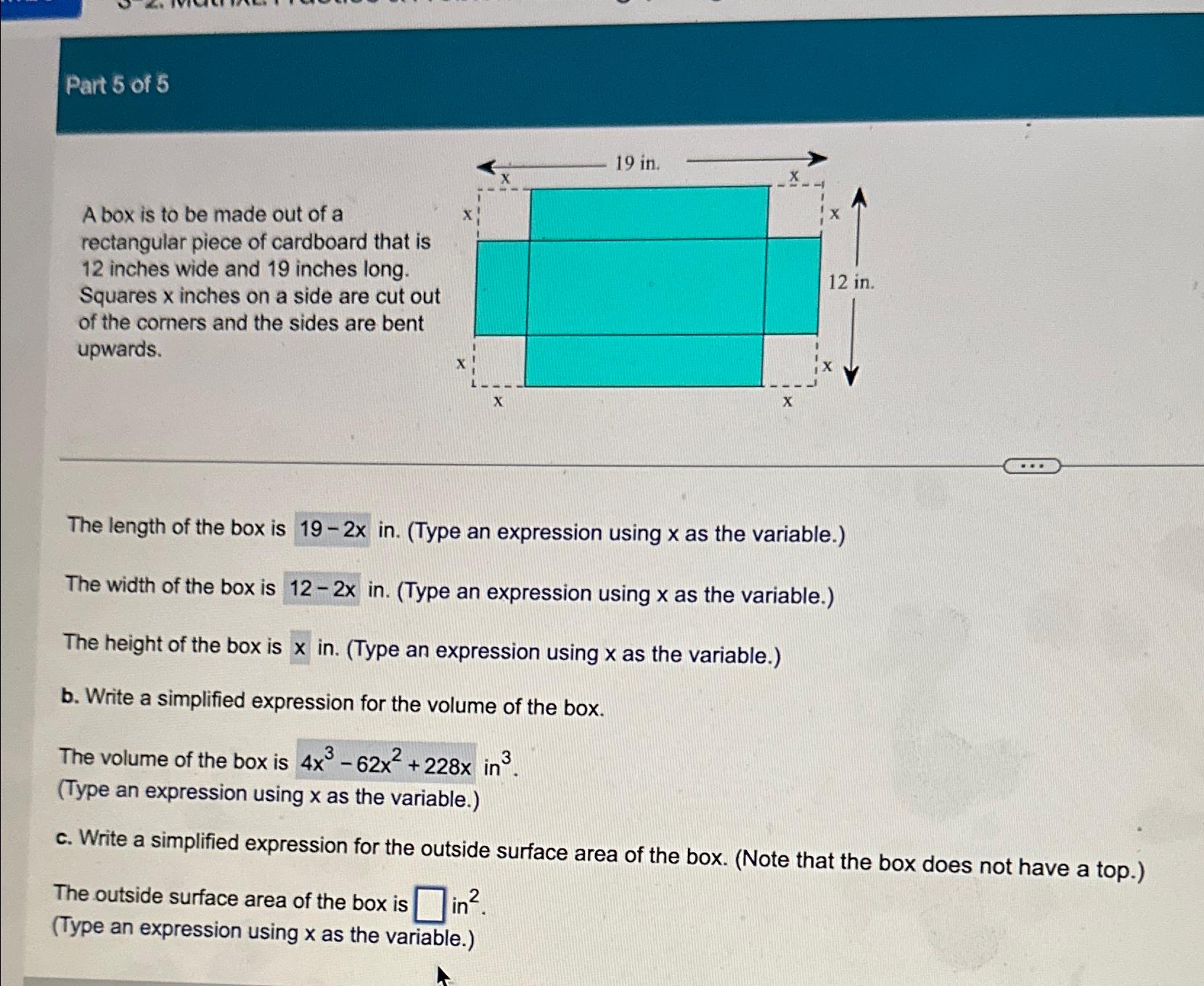 Solved Part 5 ﻿of 5A box is to be made out of a rectangular | Chegg.com