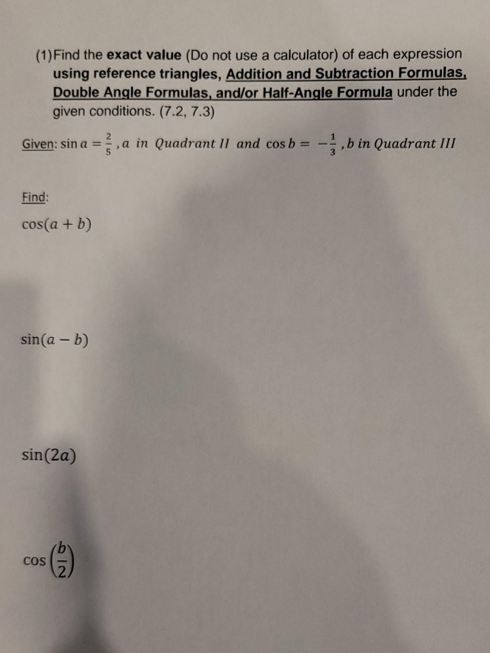 Solved (1) Find the exact value (Do not use a calculator) of | Chegg.com