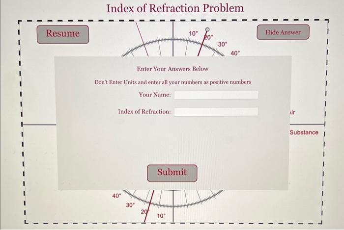 Solved Index of Refraction Problem Index of Refraction | Chegg.com