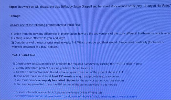 Topic: This week we will discuss the play Trifles, by | Chegg.com