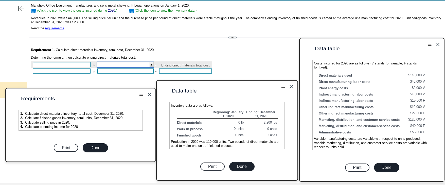 Solved 1.Calculate direct materials ﻿inventory, total | Chegg.com