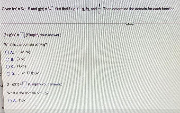 Solved Given f(x) = 5x – 5 and g(x) = 3x”, first find | Chegg.com