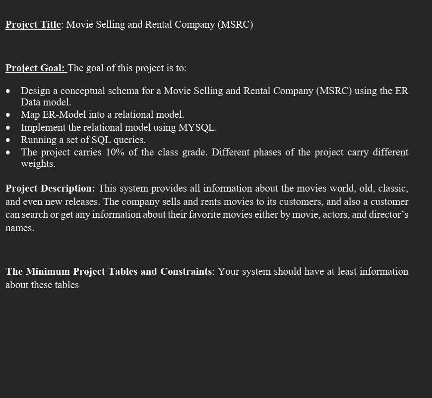 Solved Project Title: Movie Selling and Rental Company | Chegg.com