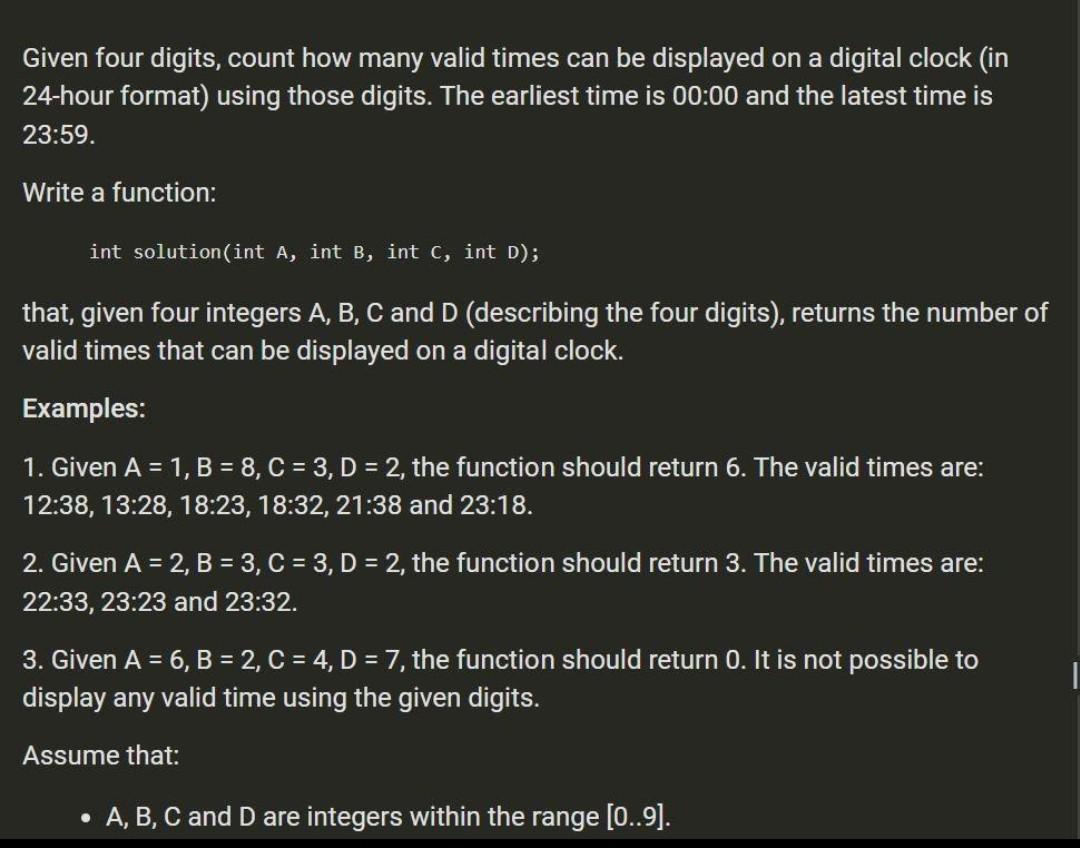 Solved Given four digits, count how many valid times can be | Chegg.com
