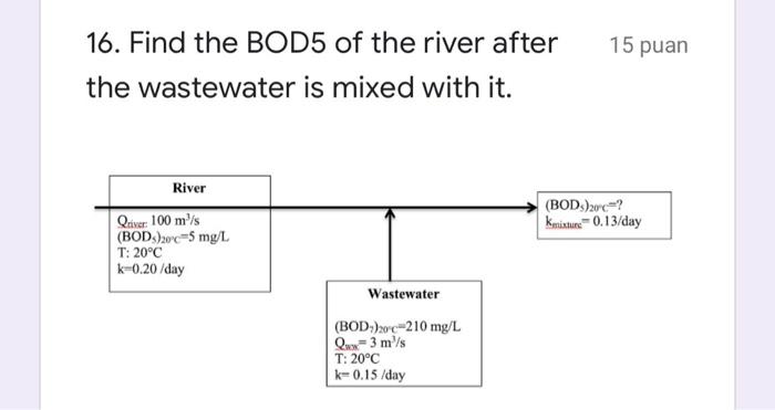 Solved 16. Find the BOD5 of the river after 15 puan the | Chegg.com