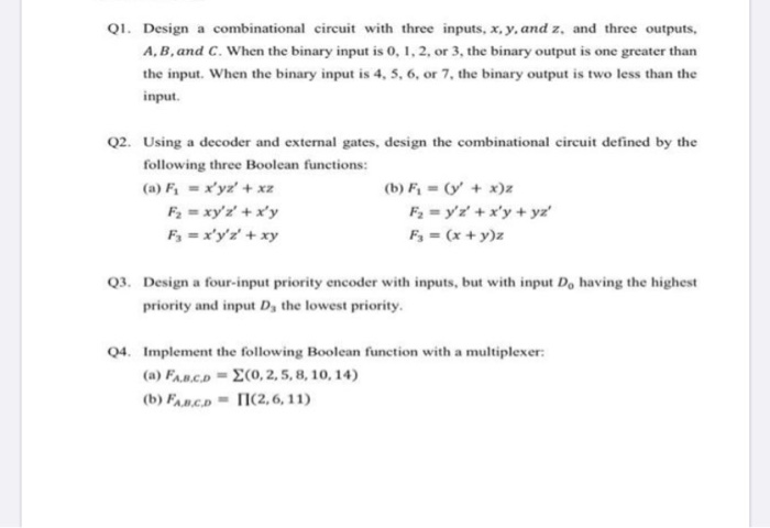 QI. Design a combinational circuit with three inputs, | Chegg.com