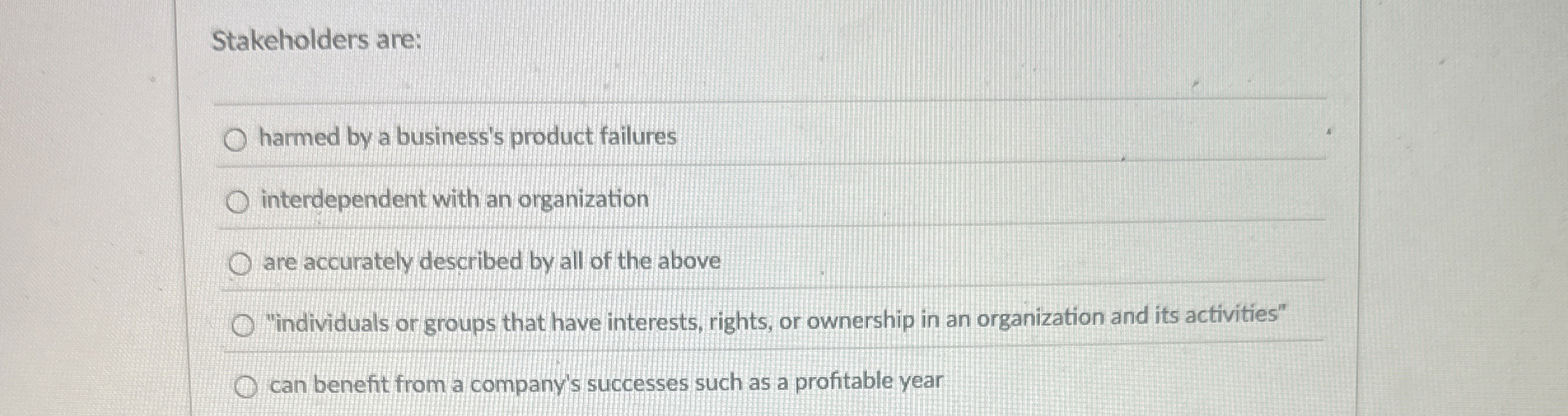 Solved Stakeholders are:harmed by a business's product | Chegg.com