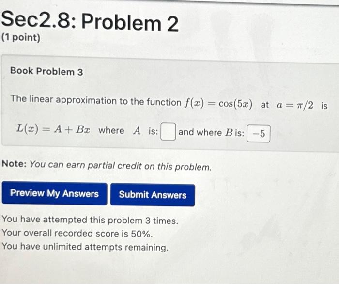 Solved The linear approximation to the function f(x)=cos(5x) | Chegg.com