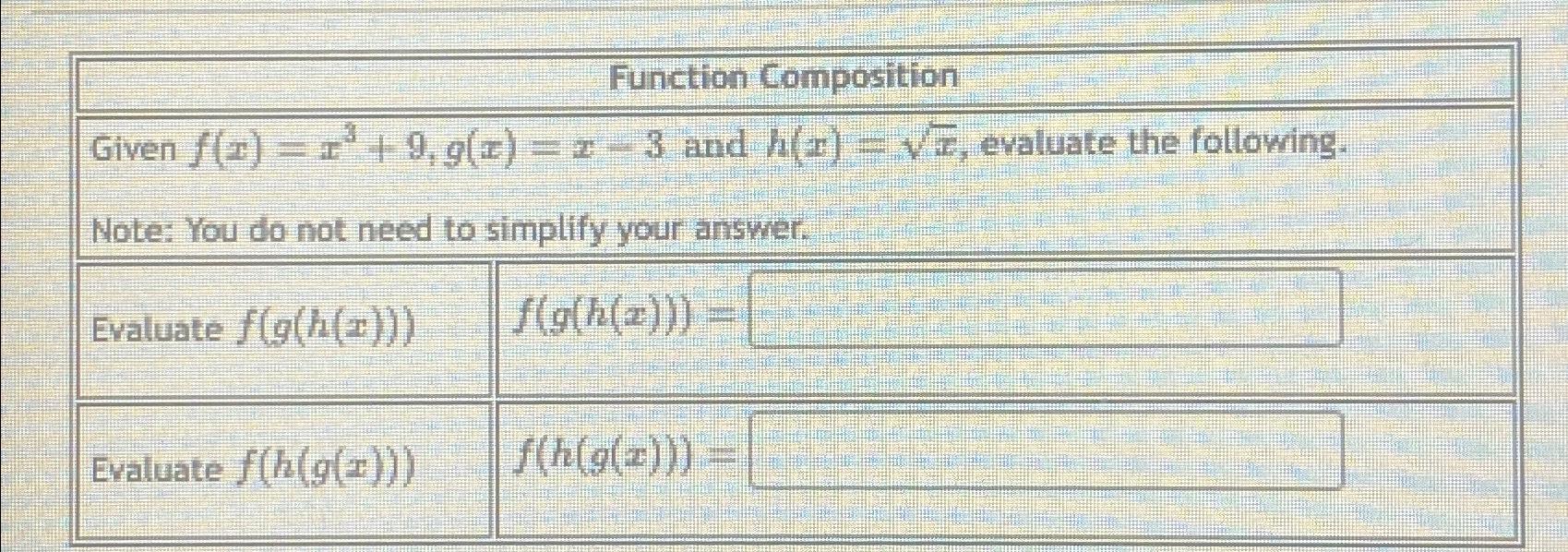 Solved \table[[,Function Composition],[\table[[Given | Chegg.com