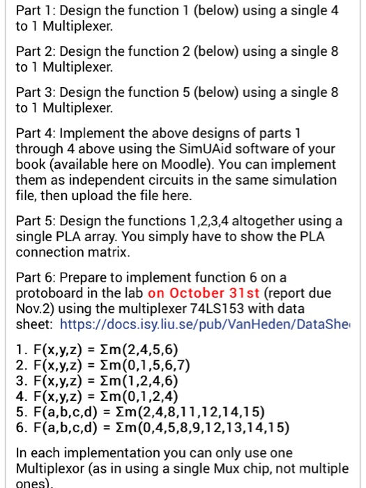 Part 1: Design the function 1 (below) using a single | Chegg.com