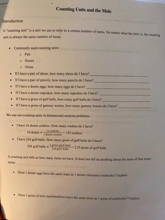 Solved Counting Units and the Mole Introduction A "counting | Chegg.com