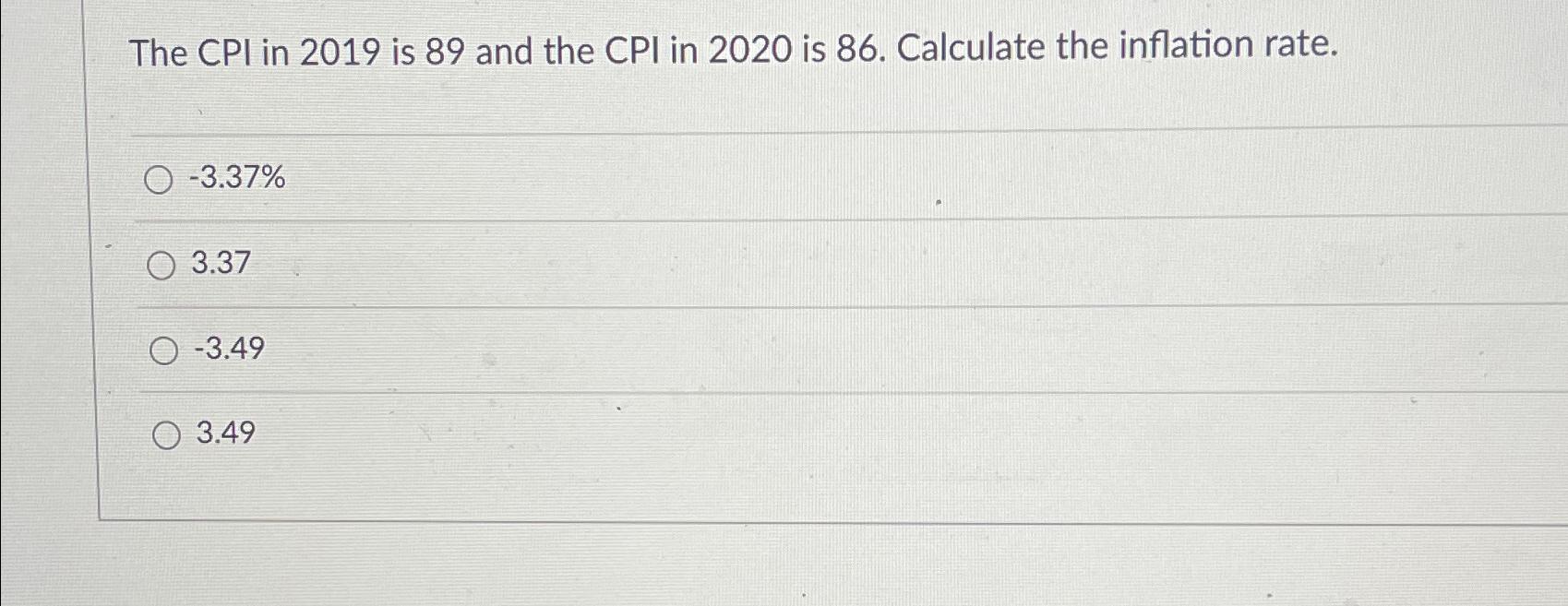 Solved The CPI in 2019 ﻿is 89 ﻿and the CPI in 2020 ﻿is 86 . | Chegg.com