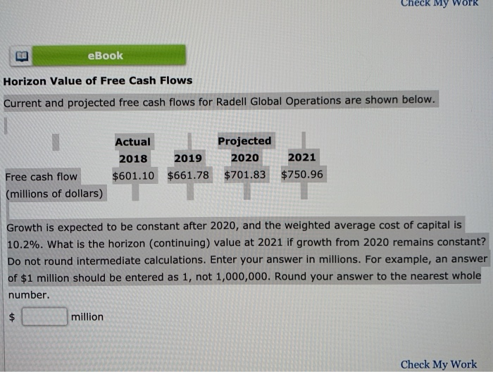 Solved Спеск My vvогк eBook Horizon Value of Free Cash Flows | Chegg.com