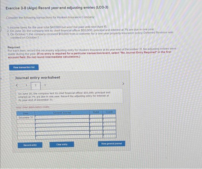 Solved Exercise 3.8 (Algo) Record year-end adjusting entries | Chegg.com