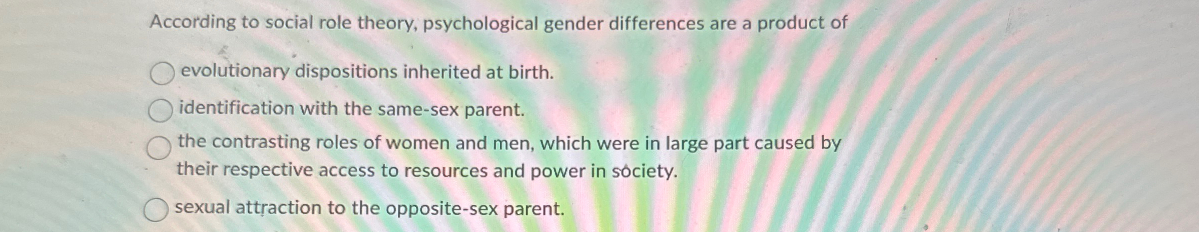 Solved According to social role theory, psychological gender | Chegg.com