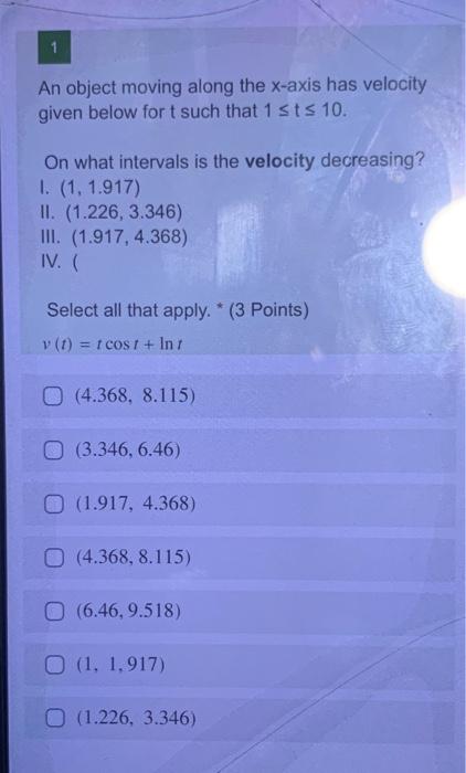 Solved 1 An object moving along the x-axis has velocity | Chegg.com