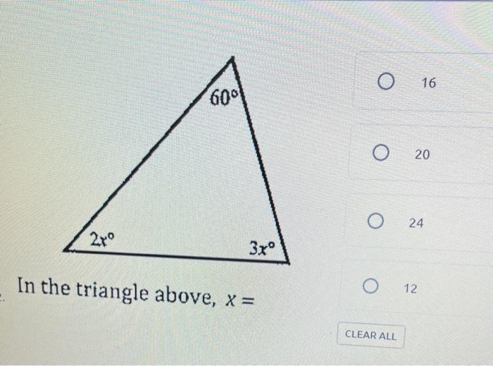Solved 16 20 24 In the triangle above, x= 12 | Chegg.com