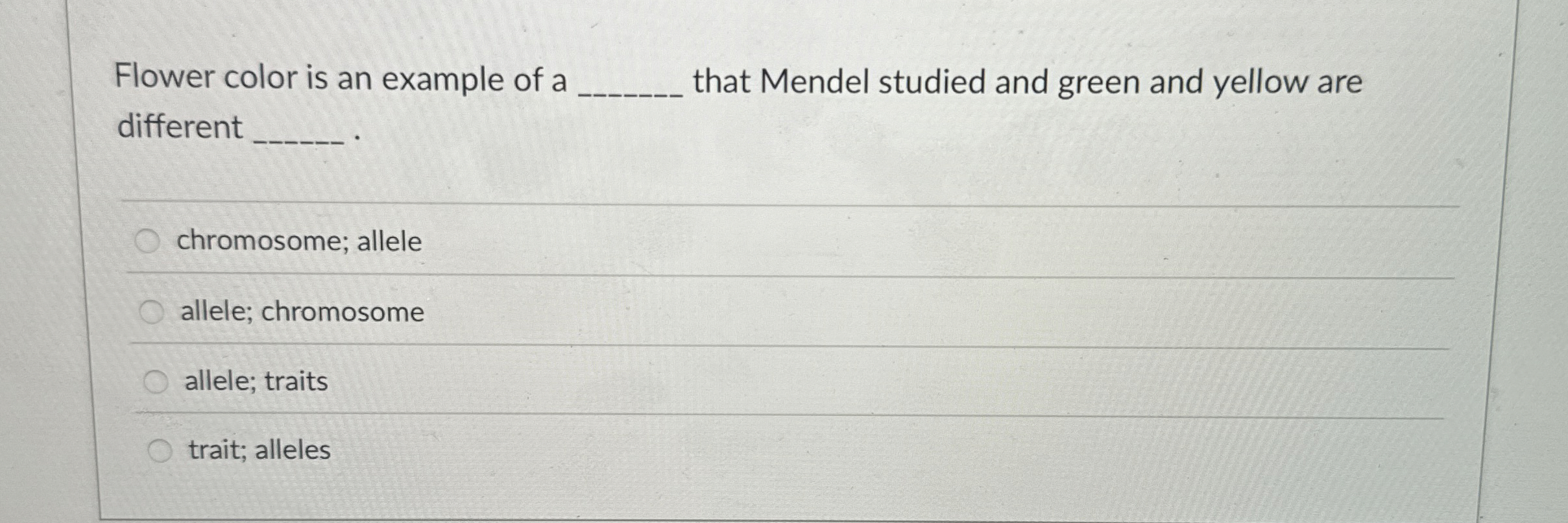 Solved Flower color is an example of athat Mendel studied | Chegg.com