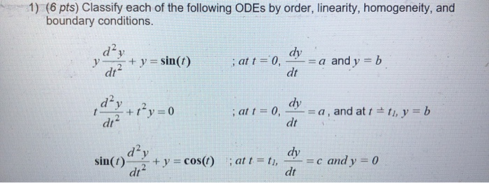 Solved 1) (6 pts) Classify each of the following ODEs by | Chegg.com