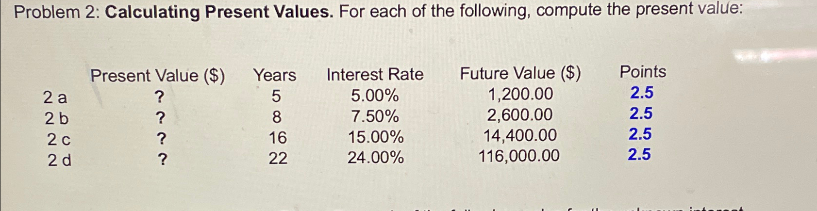 Problem 2: Calculating Present Values. For each of | Chegg.com