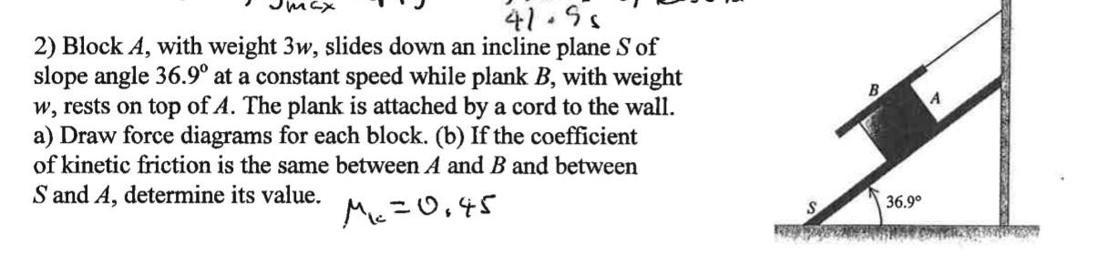 Solved B 4 41.95 2) Block A, with weight 3w, slides down an | Chegg.com