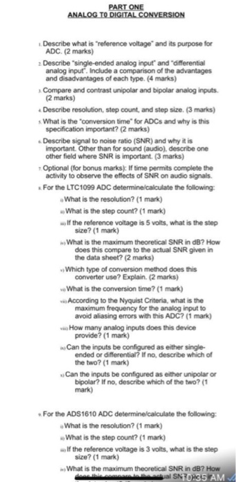 PART ONE ANALOG TO DIGITAL CONVERSION Describe what | Chegg.com