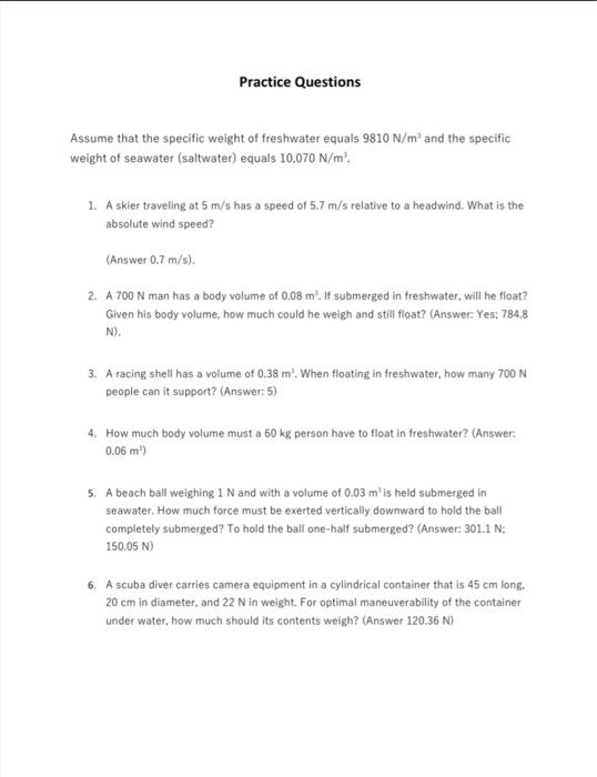 Solved Practice Questions Assume that the specific weight of | Chegg.com